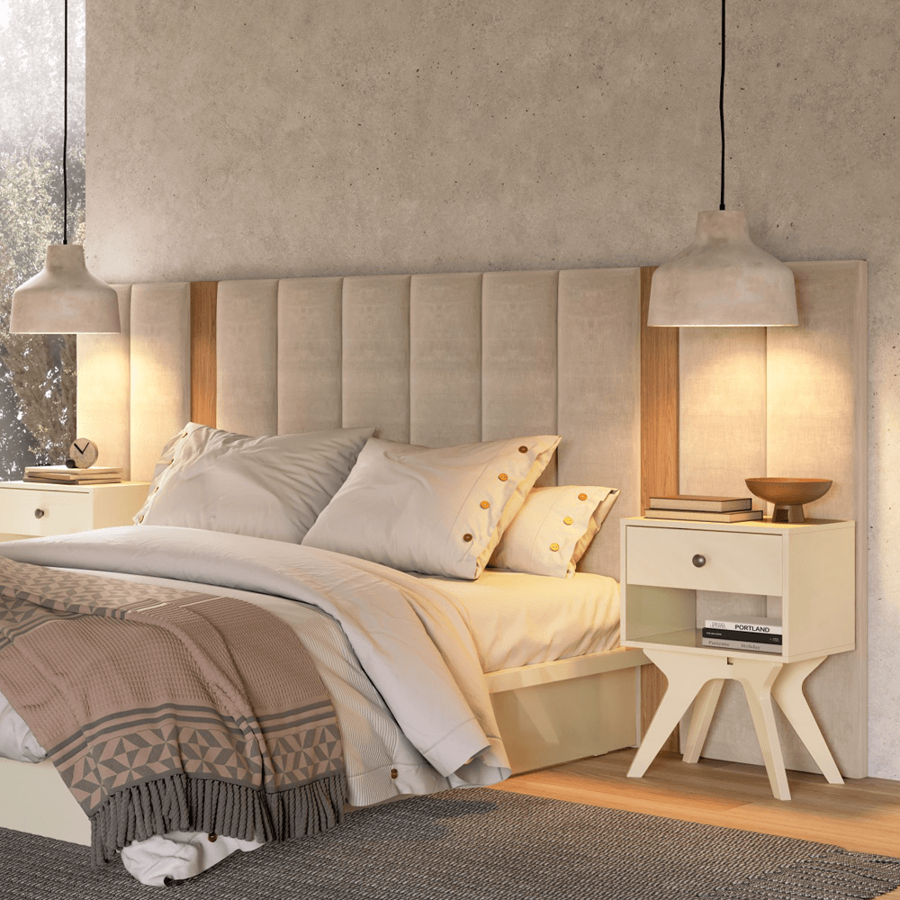 Cabeceira Castela Queen (L: 275cm) Estofada 100% MDF Linho Cinza Claro / Freijó - attraktiva